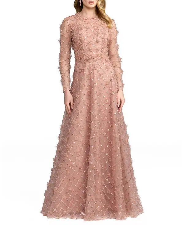 Mac Duggal High Neck Long Sleeve Embellished A-line Gown - Mocha