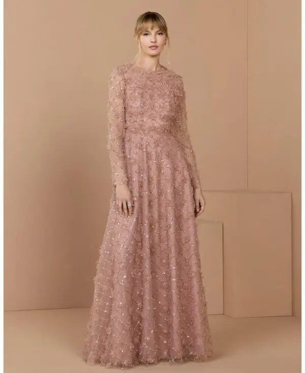 Mac Duggal High Neck Long Sleeve Embellished A-line Gown