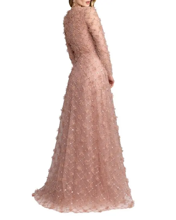 Mac Duggal High Neck Long Sleeve Embellished A-line Gown