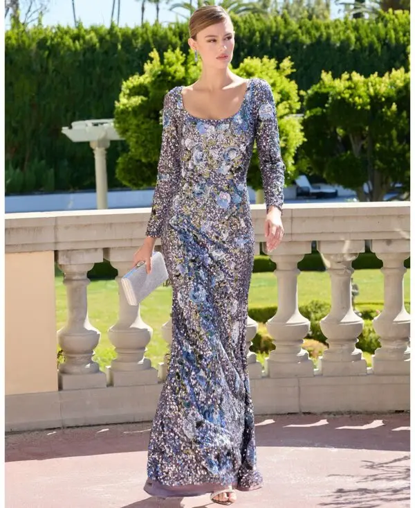 Mac Duggal Floral Beaded Mesh Long Sleeve Square Neck Gown