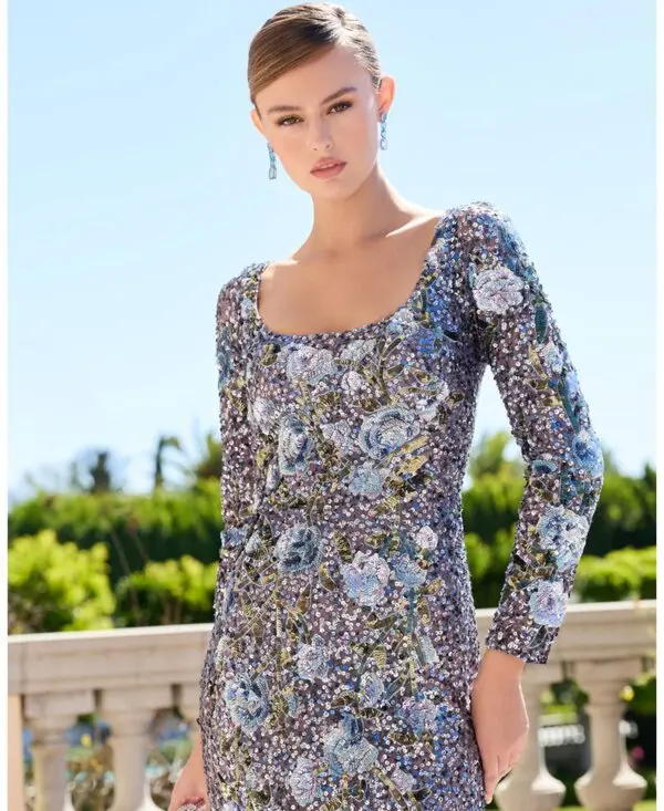 Mac Duggal Floral Beaded Mesh Long Sleeve Square Neck Gown