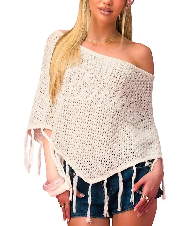 EDIKTED Barbie Fringe Knit Poncho - Ivory