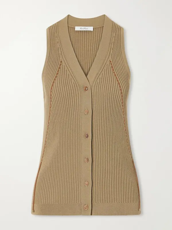 Max Mara Lace-detailed Ribbed Cotton-blend Vest - Brown