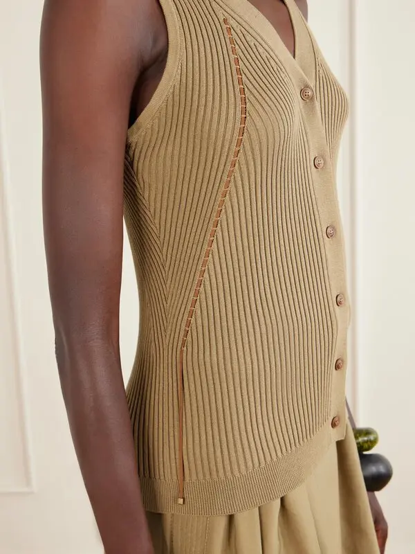 Max Mara Lace-detailed Ribbed Cotton-blend Vest - Brown