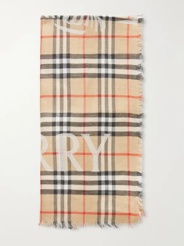 Burberry Frayed Printed Checked Wool And Silk-blend Scarf - Neutrals