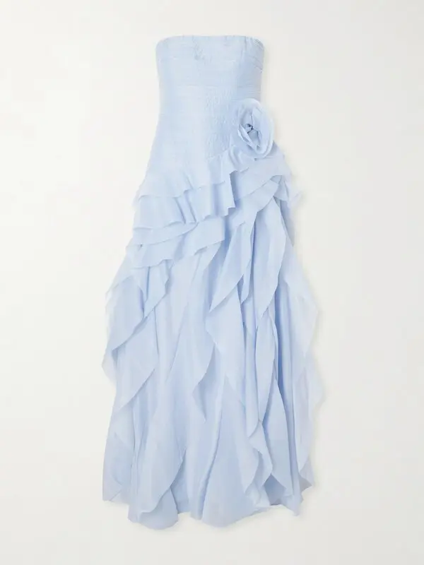 Aje Canyon Strapless Appliquéd Ruffled Pleated Chiffon Gown - Blue