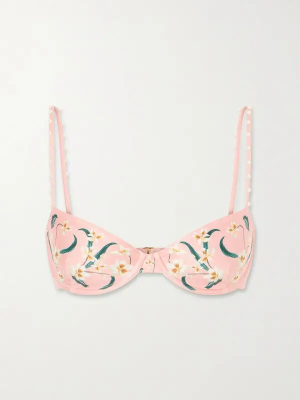 Agua Bendita Embellished Floral-print Bikini Top - Pink