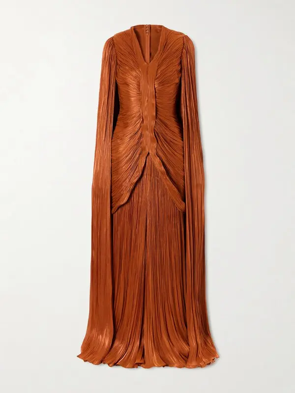 MARMAR HALIM Pleated Ruched Satin Gown With Cape Effect Sleeves