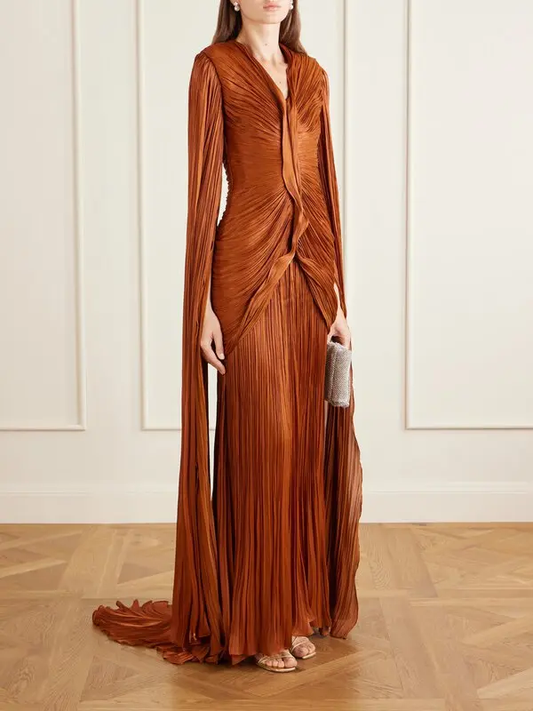 MARMAR HALIM Pleated Ruched Satin Gown With Cape Effect Sleeves