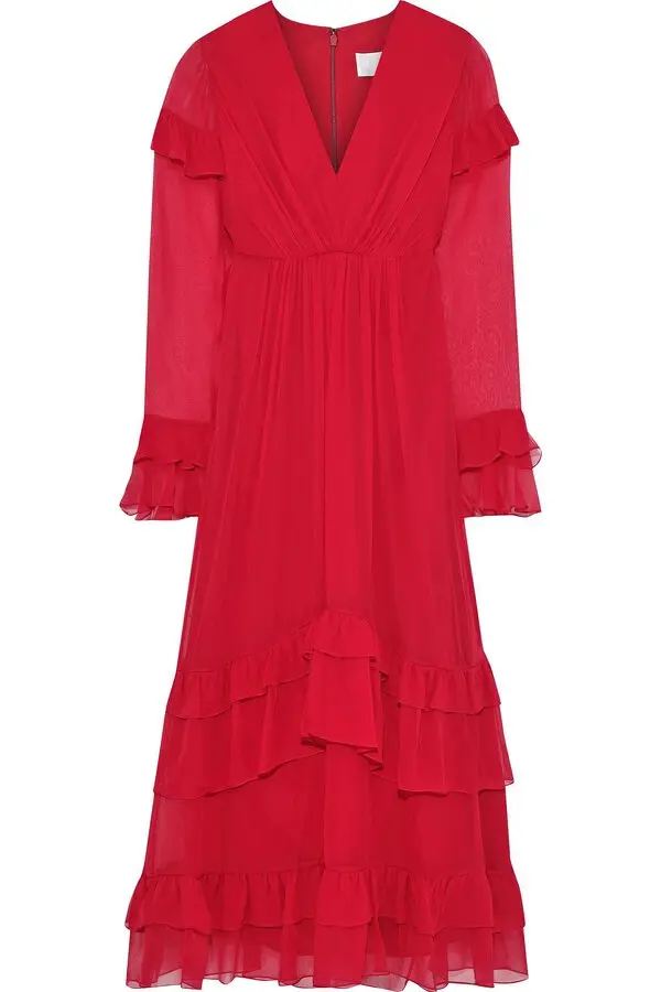 MIKAEL AGHAL Ruffletrimmed Silkchiffon Midi Dress - Red
