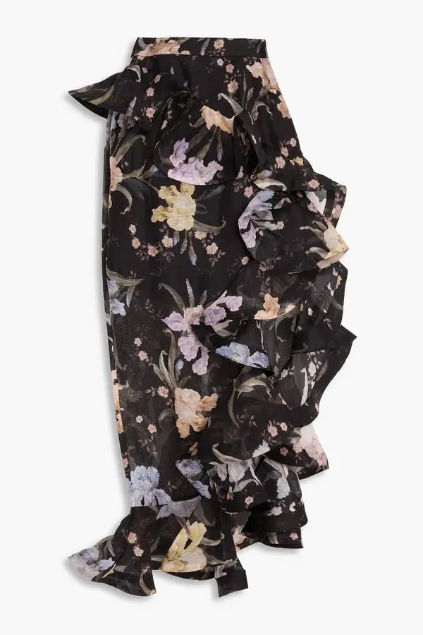 Zimmermann Ruffled Floralprint Linen And Silk Blendgauze Midi Skirt - Black