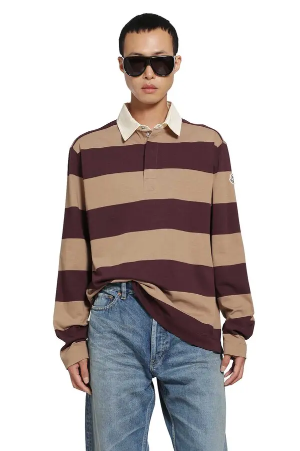 Moncler Striped Cotton Long Sleeve Polo Shirt - Beige