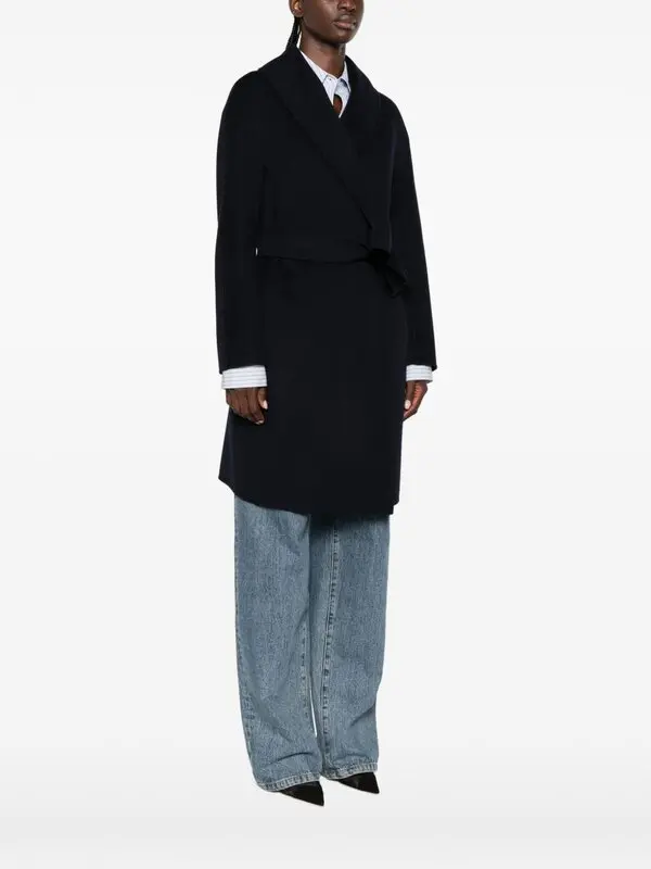 Max Mara Navy Blue Shawl Collar Belted Wrap Coat - Multicolor