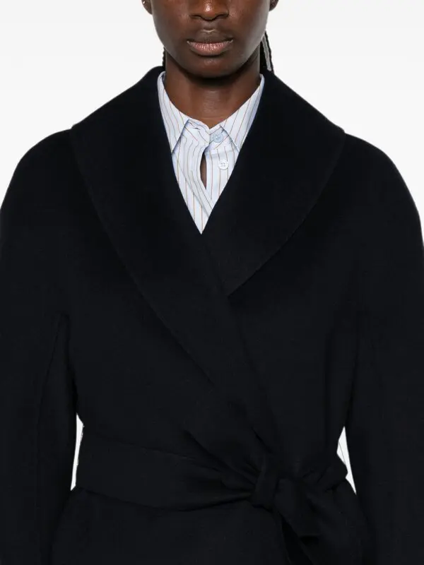 Max Mara Navy Blue Shawl Collar Belted Wrap Coat - Multicolor