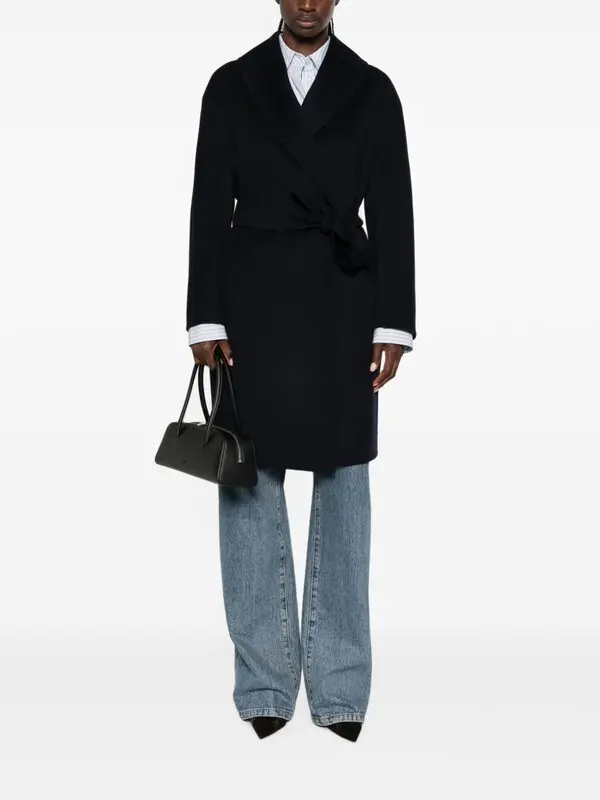 Max Mara Navy Blue Shawl Collar Belted Wrap Coat - Multicolor