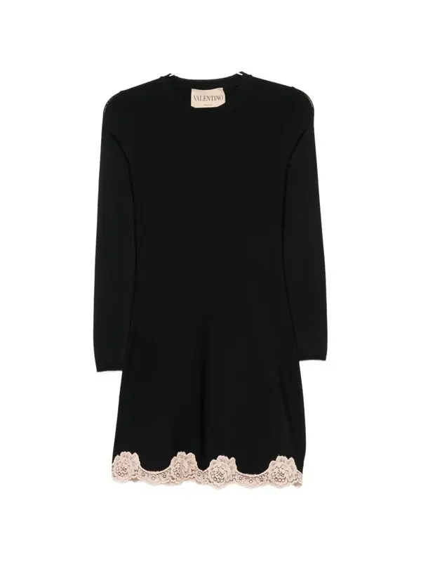 Valentino Garavani Black Round Neck Long Sleeve Dress With Floral Lace Trim - Multicolor