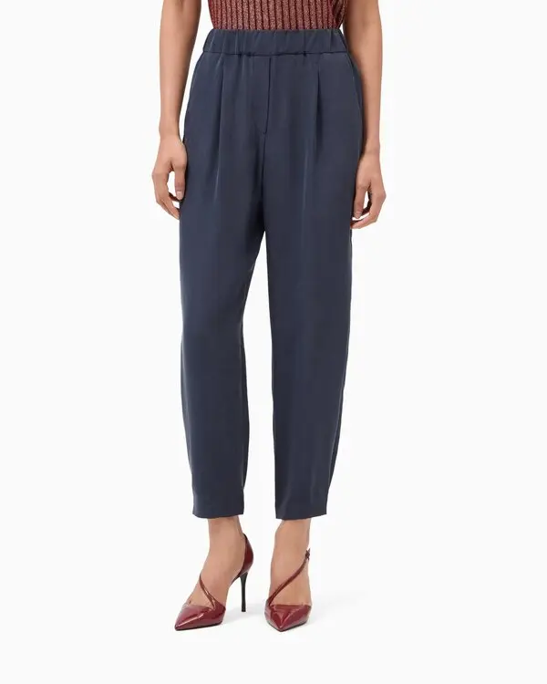 Giorgio Armani Regular Fit Washed Silk Trousers With Elasticated Hem - Blue