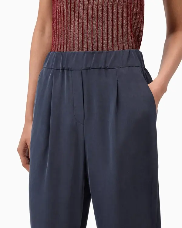 Giorgio Armani Regular Fit Washed Silk Trousers With Elasticated Hem - Blue