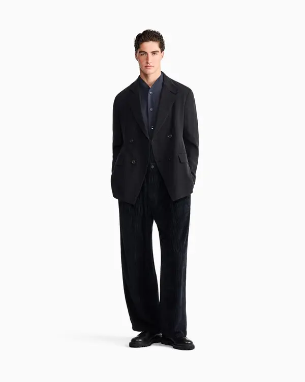 Giorgio Armani Ribbed Viscose Velvet Oversized Trousers - Blue