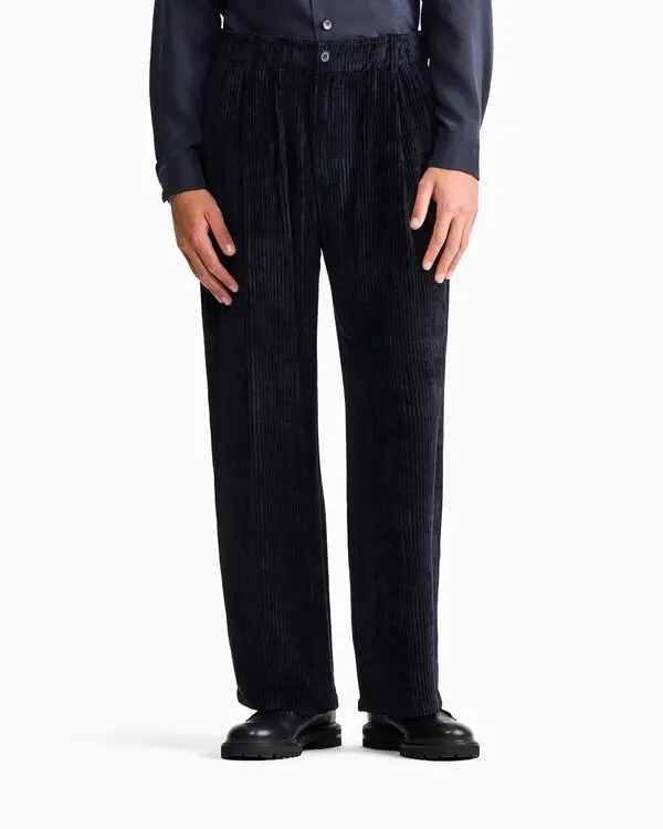 Giorgio Armani Ribbed Viscose Velvet Oversized Trousers - Blue