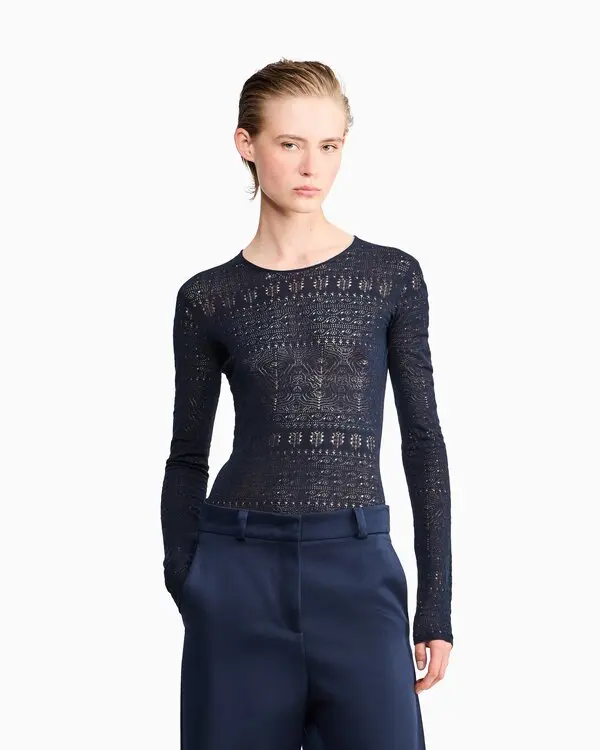 Giorgio Armani Slim Fit Stretch Cotton Lace Crew Neck Sweater - Blue