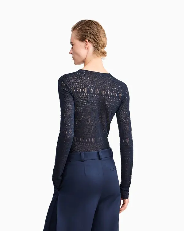 Giorgio Armani Slim Fit Stretch Cotton Lace Crew Neck Sweater - Blue