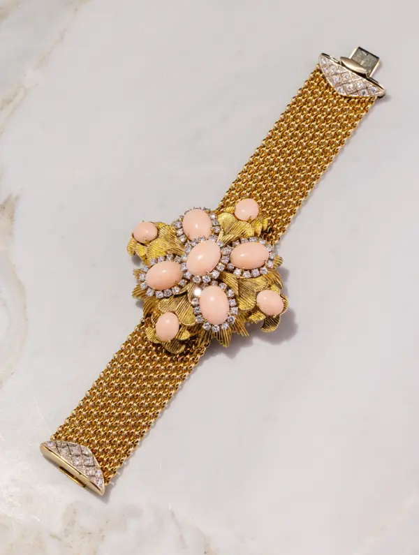 Estate Angel Skin & Diamond Cuff, Circa 1960s-1970s - Coral