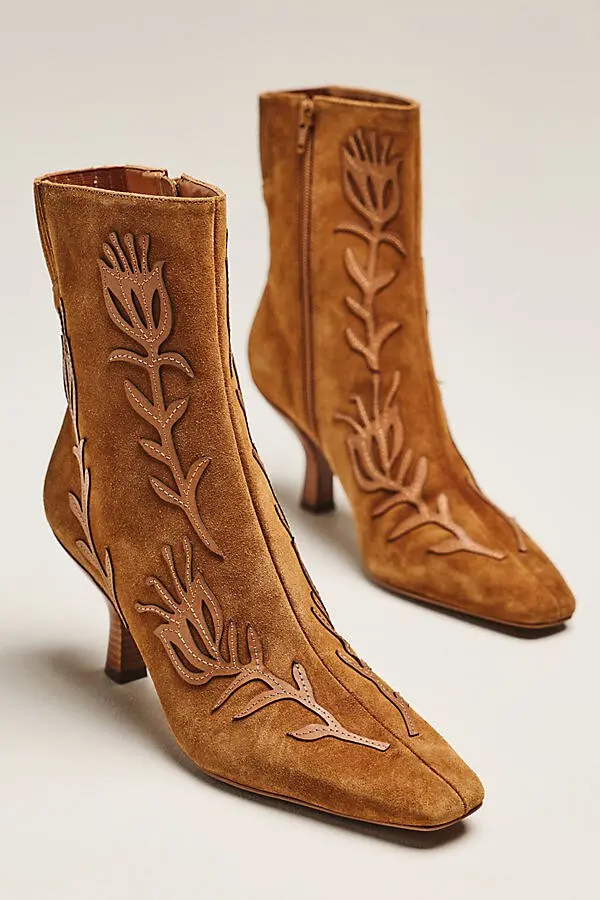 Maeve Leather Appliqué Ankle Boots - Tan Suede