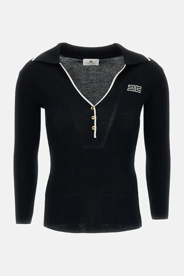 Elisabetta Franchi Ribbed-knit V-neck Sweater With Gold-tone Buttons - Black