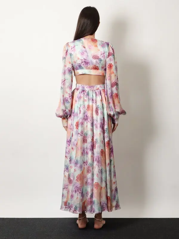 ACTUALEE Long Floral Print Dress With Cut-out Details