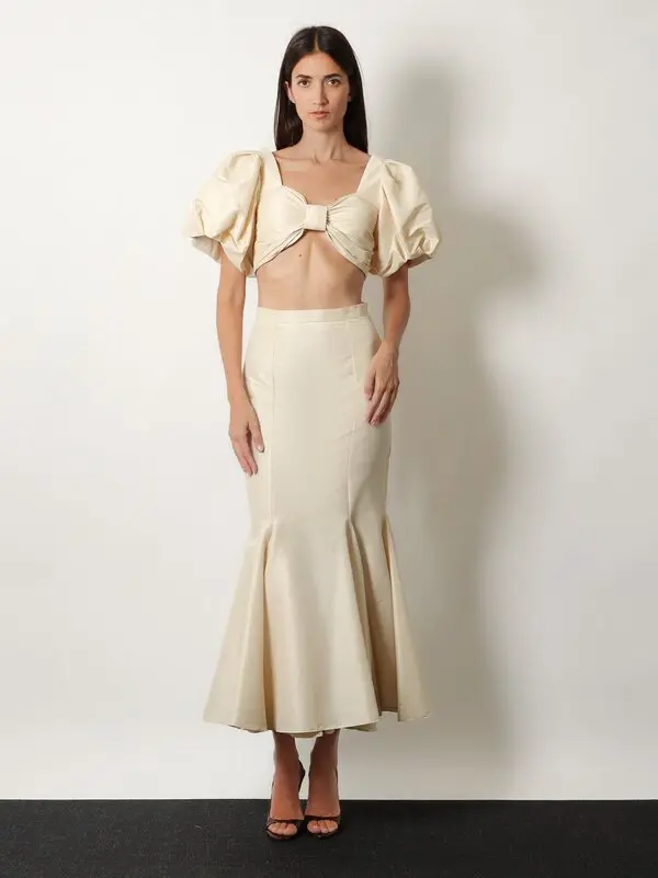 ACTUALEE Cropped Shantung Effect Fabric Top With Puff Sleeves And Draped Front