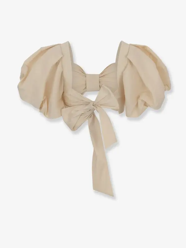 ACTUALEE Cropped Shantung Effect Fabric Top With Puff Sleeves And Draped Front