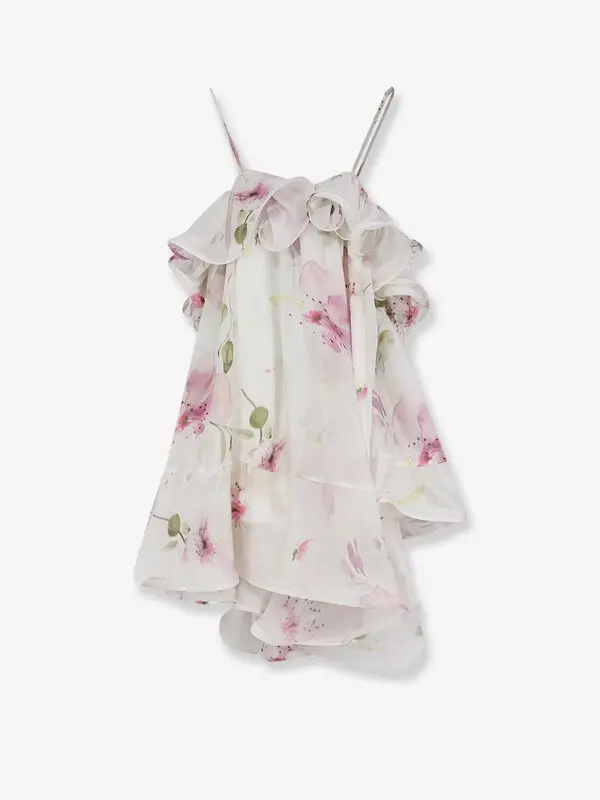 ACTUALEE Multicolor Floral Print Ruffled Satin Mini Dress - White