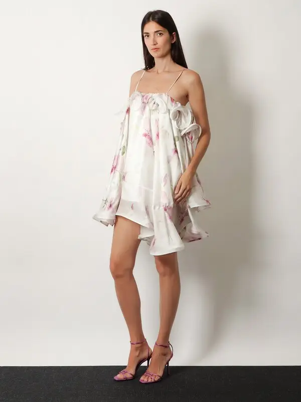 ACTUALEE Multicolor Floral Print Ruffled Satin Mini Dress