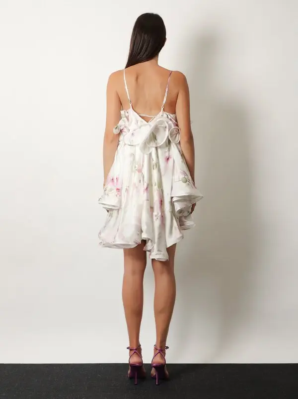 ACTUALEE Multicolor Floral Print Ruffled Satin Mini Dress