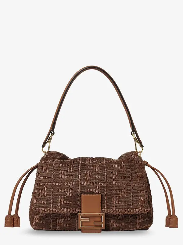 Fendi Mamma Baguette Medium Raffia Handbag With Ff Embroidery