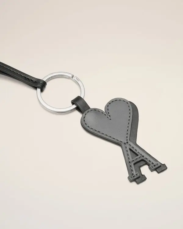 AMI Paris Black Leather De Coeur Keyring Black