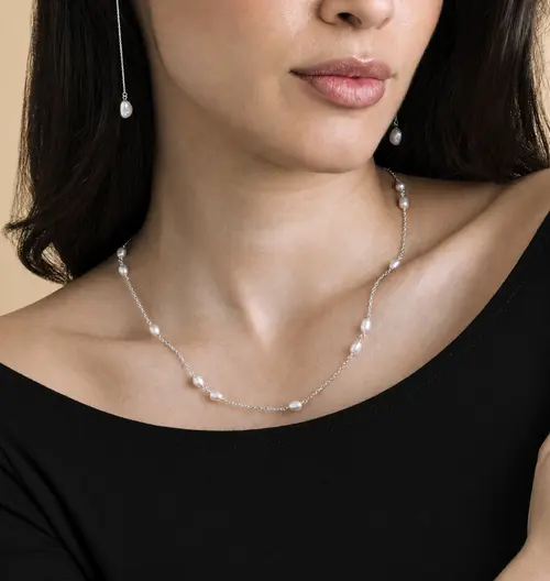 The Pearl Source White Freshwater Pearl Tincup Necklace - Sterling Silver