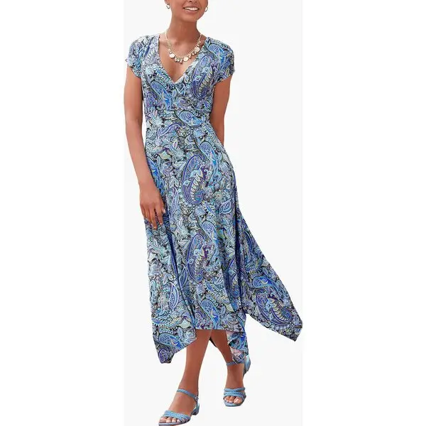 LASCANA Handkerchief Hem V-neck Jersey Knit Dress - Blue Multi