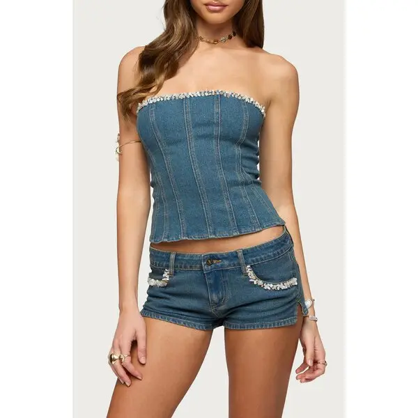 EDIKTED Zenna Beaded Strapless Denim Corset Top