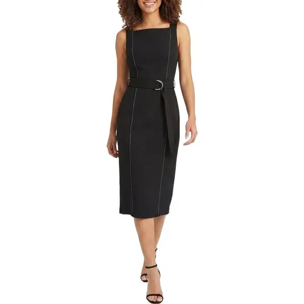 Maggy London Belted Midi Dress With V-neck - Black