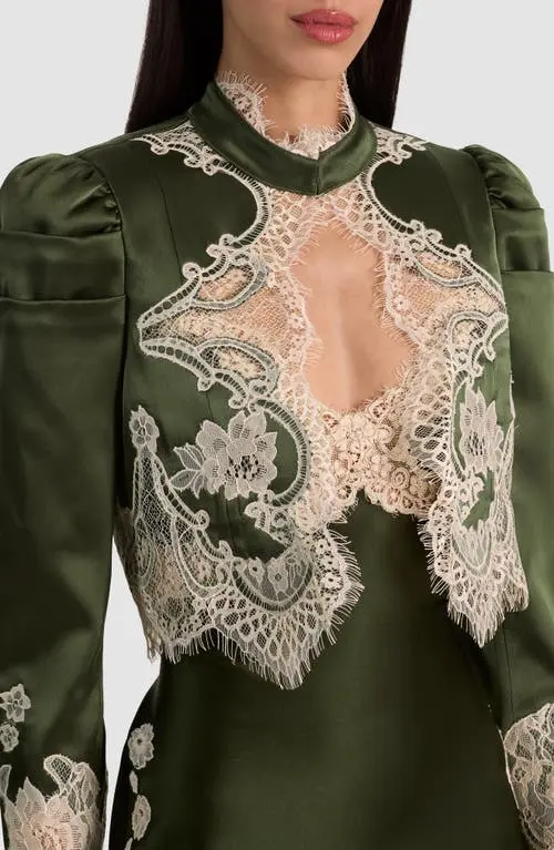 Alice + Olivia Thomsna Puff Sleeve Lace Trim Cropped Jacket