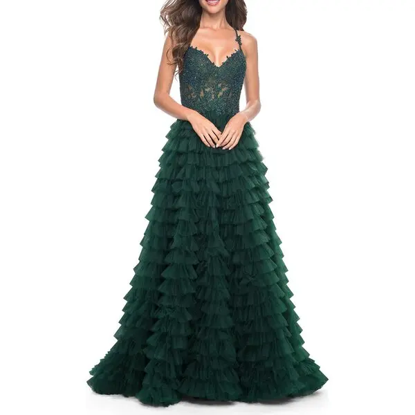 La Femme Ruffled Tulle Gown With Illusion Lace Bodice - Dark Emerald