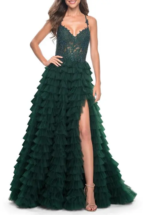 La Femme Ruffled Tulle Gown With Illusion Lace Bodice - Dark Emerald