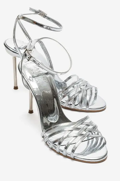 PROLOGUE SHOES Stiletto Ankle Strap Pump - Silver