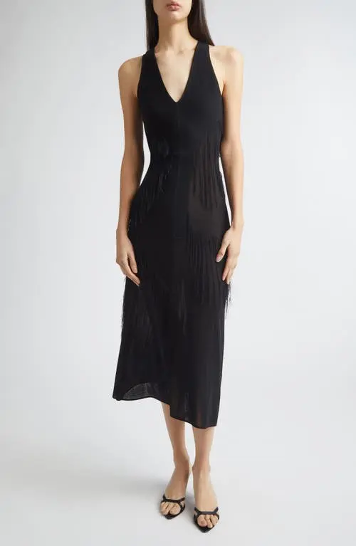 JASON WU Sleeveless Fringe Knit V-neck Midi Dress - Black