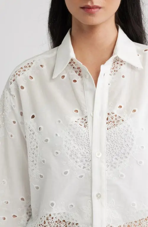 CISSA Embroidered Eyelet Lace Button Down Shirt