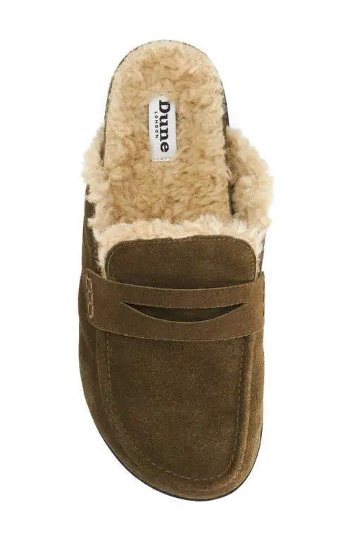 Dune London Shearling Lined Suede Mules - Khaki