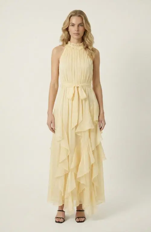 MODENAIRE Halter Neck Ruffle Layer Waist Tie Maxi Dress - Yellow