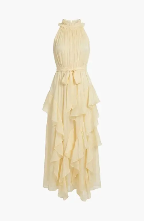 MODENAIRE Halter Neck Ruffle Layer Waist Tie Maxi Dress